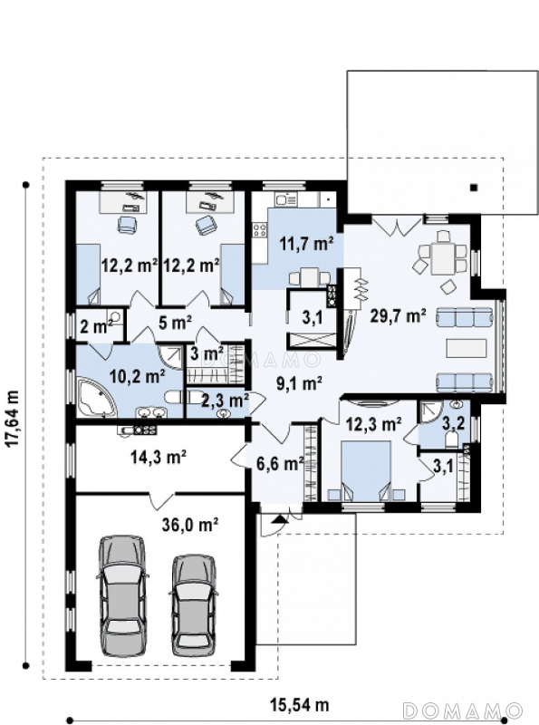 Проект одноэтажного дома из газобетона с окнами до пола в дневной и ...
